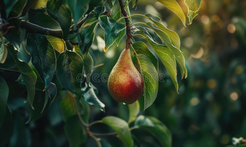 Pear with a Red Blush, Hanging from a Branch with Green Leaves Stock ...