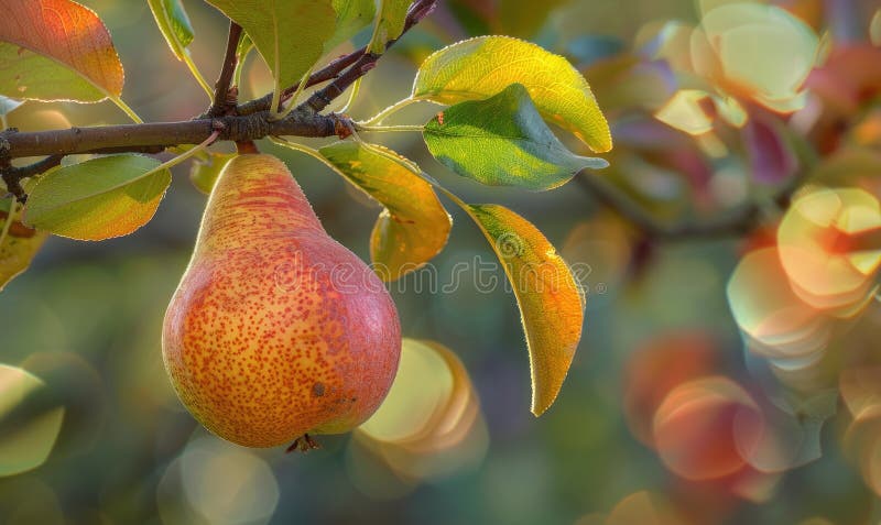 Pear with a Red Blush, Hanging from a Branch with Green Leaves Stock ...