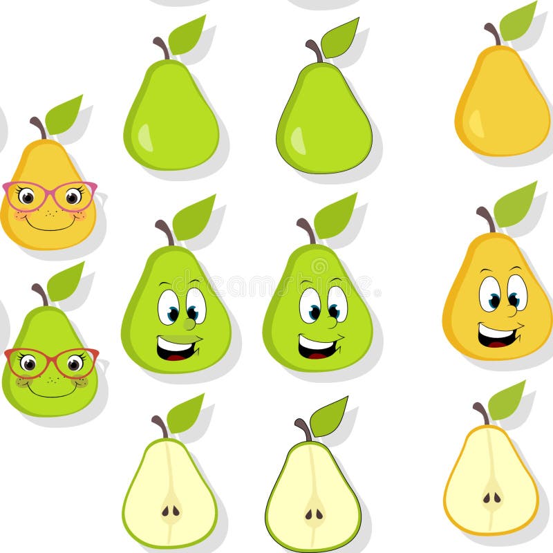 Cartoon Pear Fruit and Pear Slices Isolated on White Background Stock ...