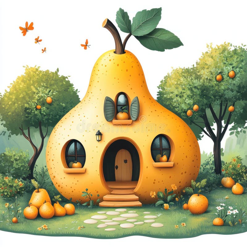 Pear Shaped House Illustration with Green Trees and Yellow Fruit Stock ...