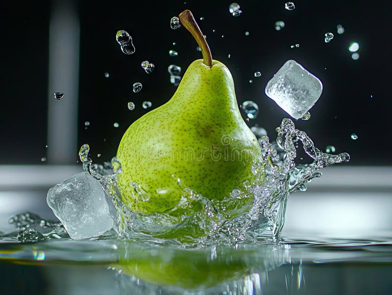 A Pear Splashing into a Bowl of Water with Ice Cubes Stock Photo ...