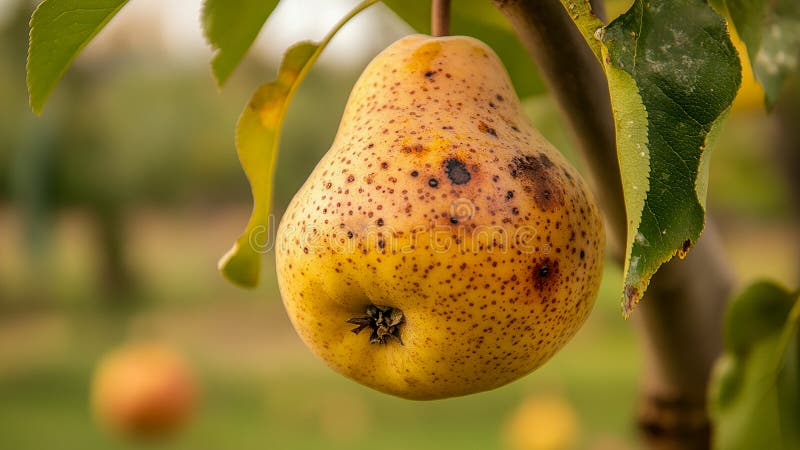 A Pear Tree Fruit Showing Signs of Black Spot, with the Blurred Orchard ...