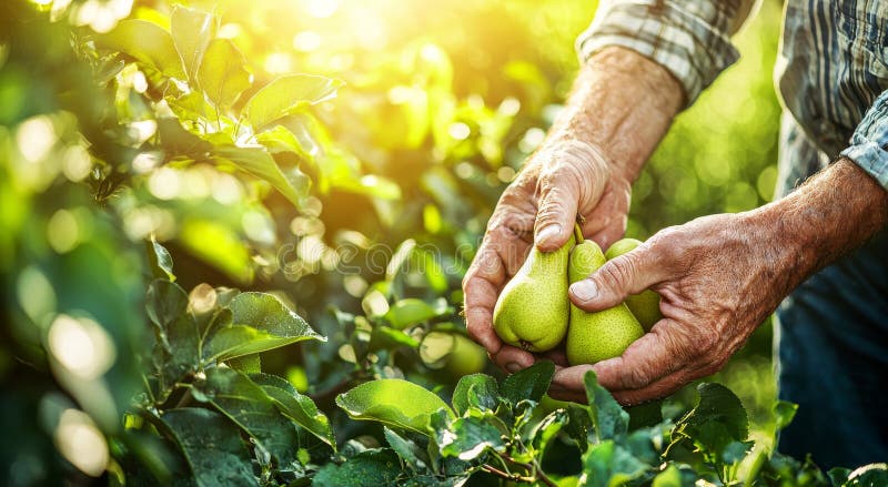 Pear on Tree, in the Garden, Hand Picking Pears, Close-up of Hand ...
