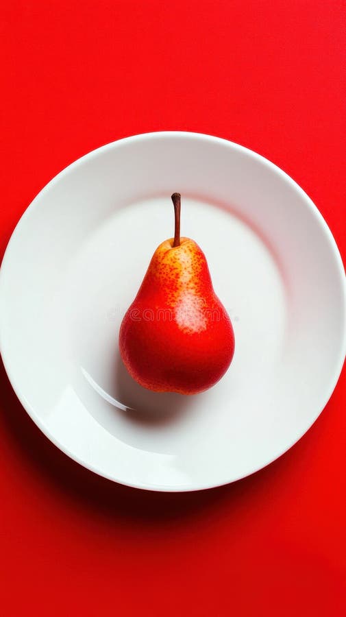 Pear on a White Plate Against a Vibrant Red Background Creates a ...