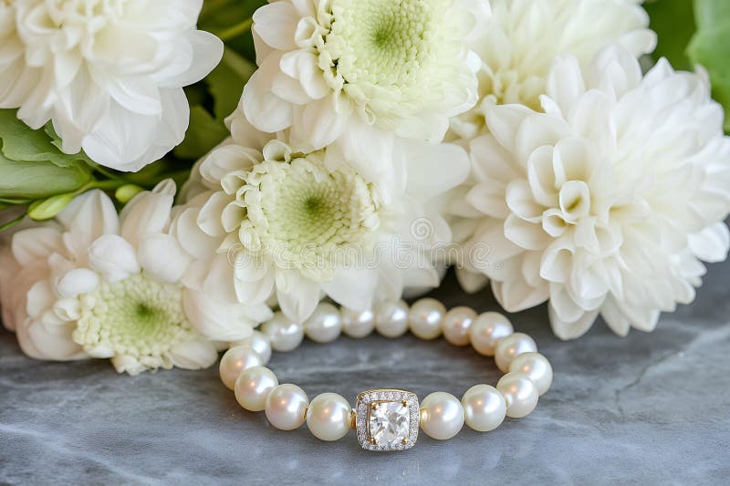 Pearl Bracelet with Diamond Clasp Nestled among White Chrysanthemums on ...