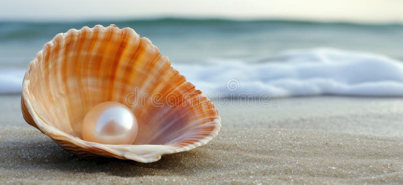 Pearl Inside Seashell on Beach, Ocean Waves in Background, Soft Light ...