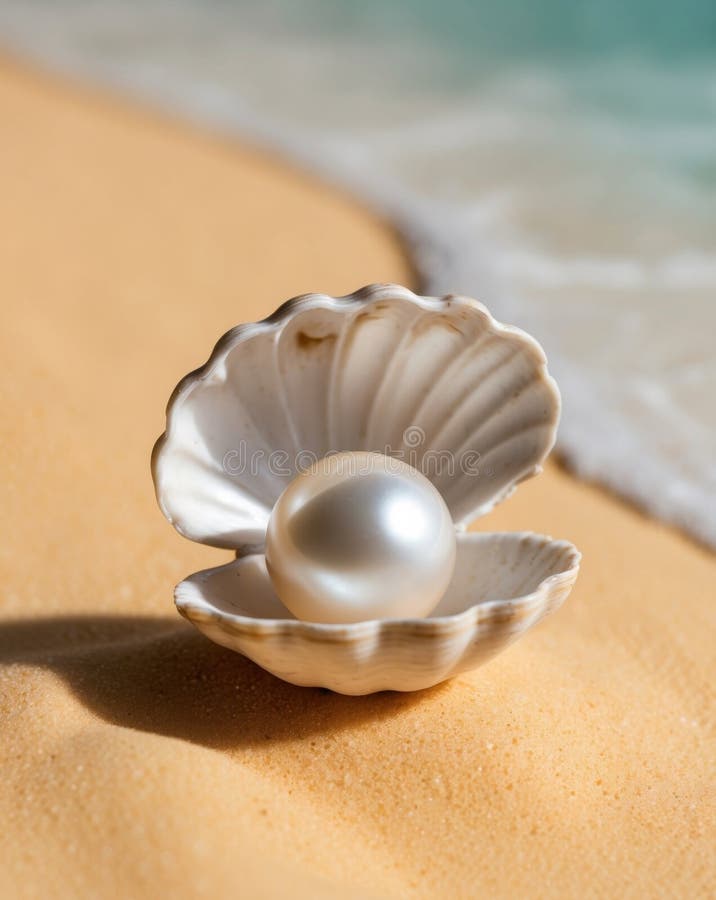 Pearl Inside Shell on Sandy Beach Background. Stock Image - Image of ...