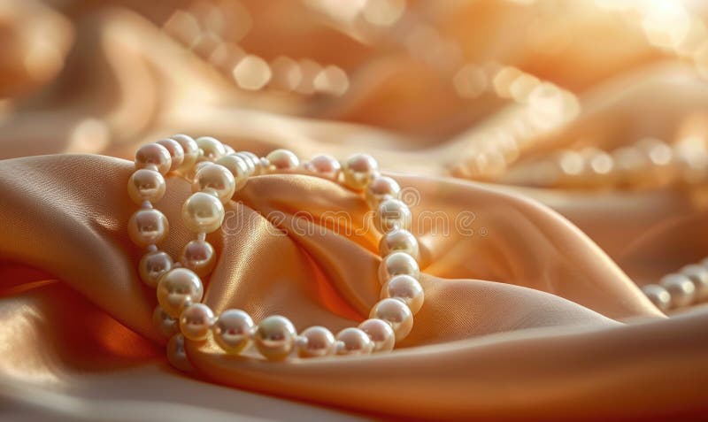 A Pearl Necklace Draped Gracefully on a Satin Material Background Stock ...