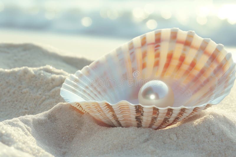 Pearl Nestled in Seashell on Sunny Beach Sands Stock Image - Image of ...