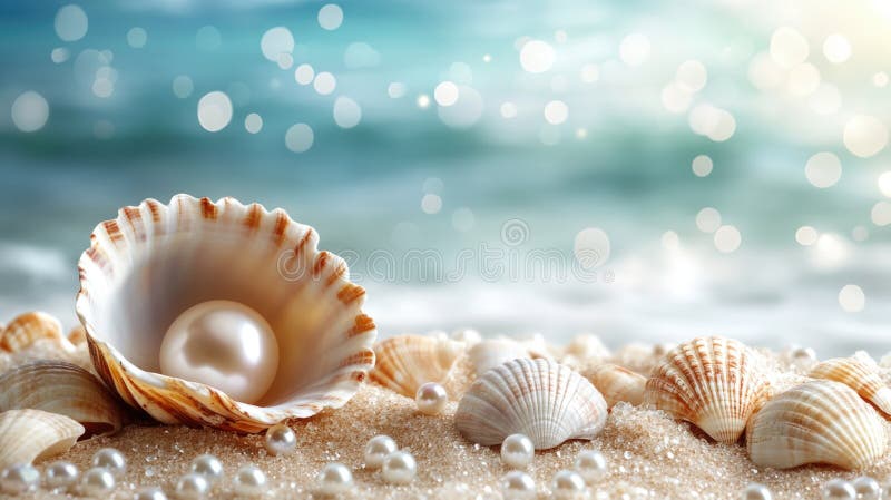Pearl in Opened Seashell on Sandy Beach with Ocean Background Stock ...