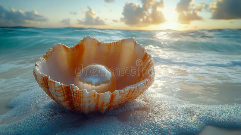 Pearl Resting Inside an Open Shell on a Beach, Surrounded by Ocean ...