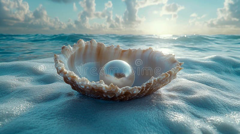 Pearl Resting Inside an Open Shell on a Beach, Surrounded by Ocean ...