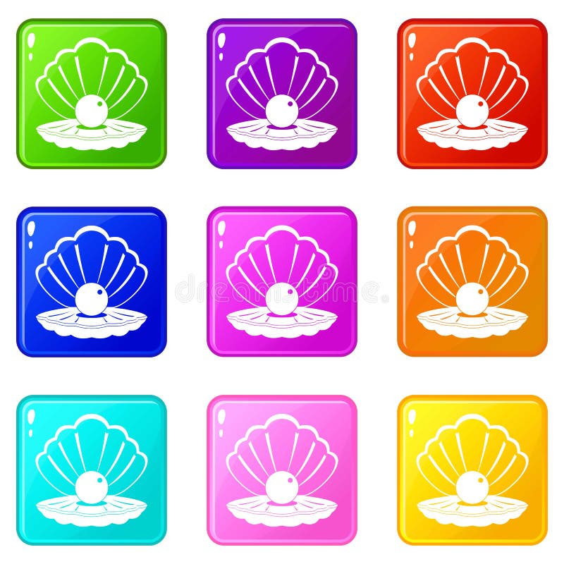 Pearl in a Sea Shell Icons 9 Set Stock Vector - Illustration of aquatic ...