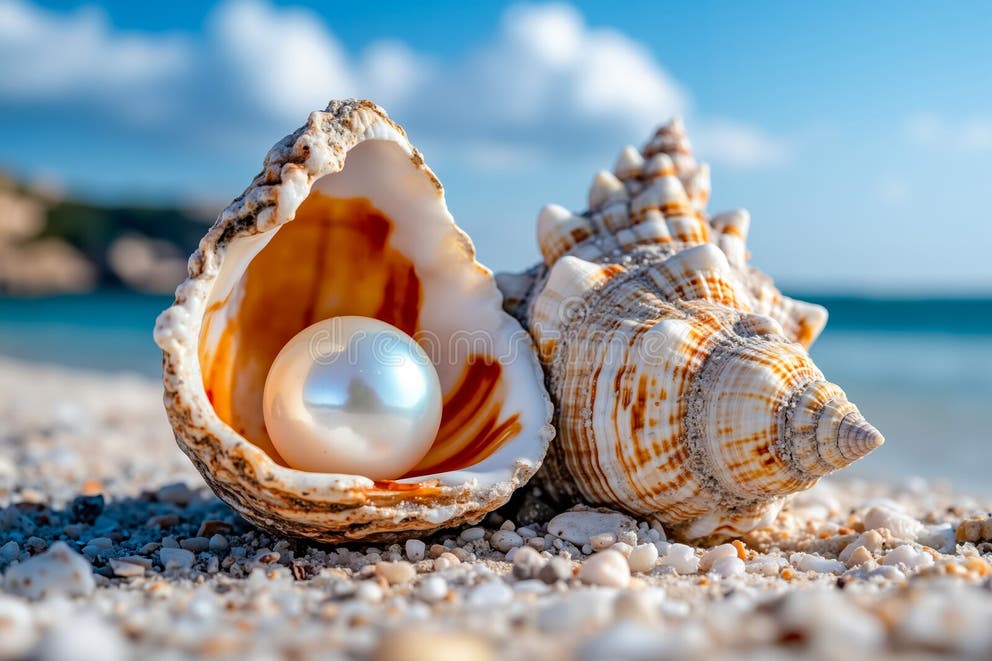 A Pearl in a Shell on the Beach with a Blue Sky in the Background Stock ...