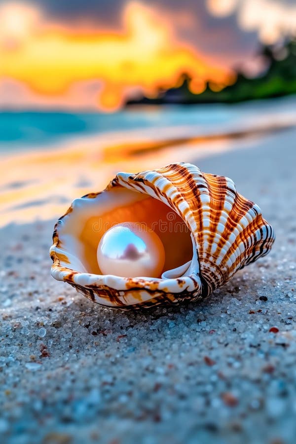 A Pearl in a Shell on the Beach at Sunset Stock Image - Image of pink ...
