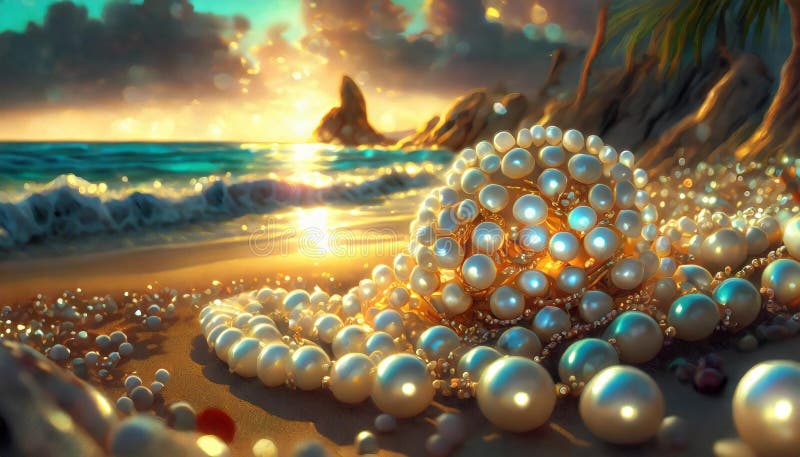 Pearls on the Beach at Sunset Stock Illustration - Illustration of food ...