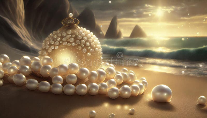 Pearls on the Beach at Sunset Stock Illustration - Illustration of ...