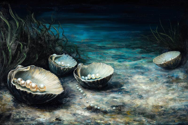 The Pearls in the Mussel Shells on the Sea Floor Glow Softly Stock ...