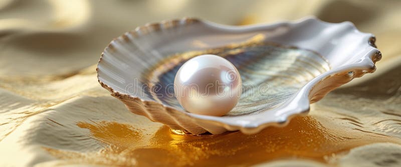 Pearls in an Oyster Shell on a Gold Background Stock Photo - Image of ...