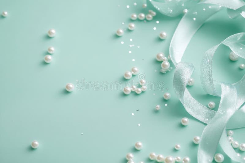 Pearls and Ribbon on Teal Background Create an Elegant Look, Flat Lay ...