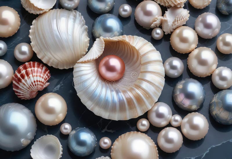 Pearls in a Shell on a Marble Background Stock Illustration ...