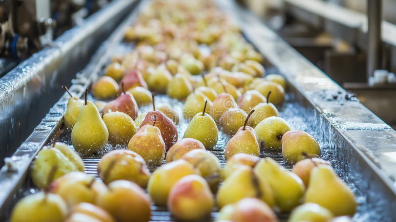 Pears Being Washed on Conveyor Belt in Food Processing Plant Stock ...