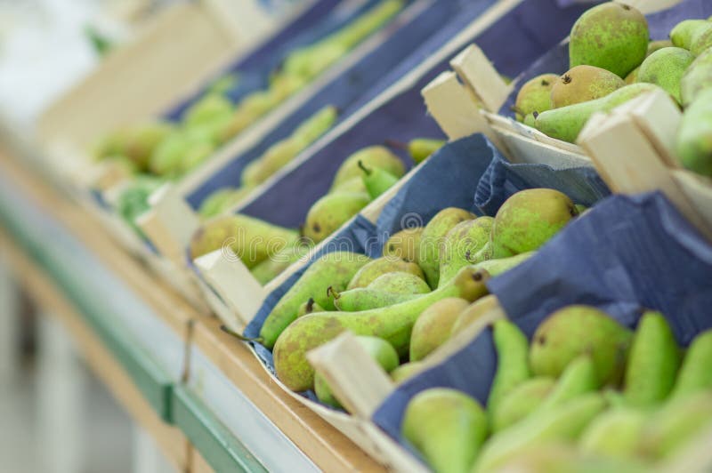 Pears in Boxes in Supermarket Stock Photo - Image of hypermarket ...