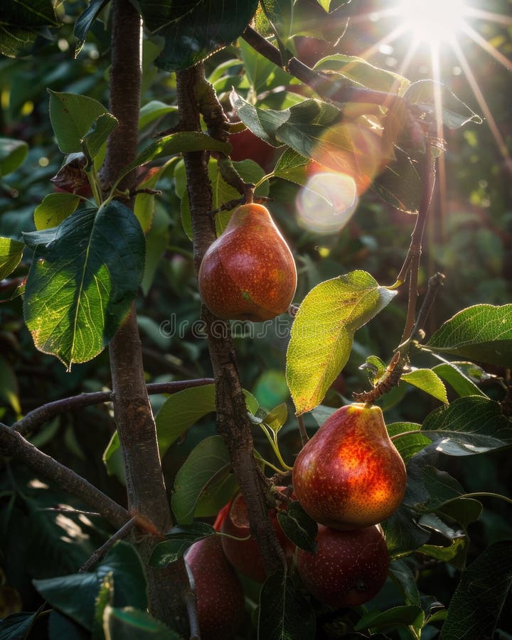 Pears on Branches, Sun Rays Peeking through Leaves Stock Photo - Image ...