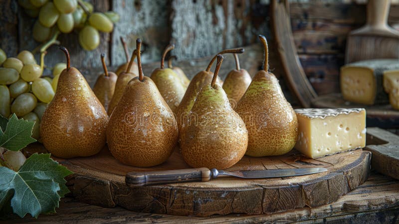 Pears and Cheese on a Rustic Wooden Table. Stock Image - Image of ...
