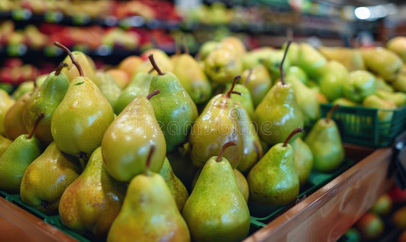 Pears on Display in a Grocery Store Stock Photo - Image of diet, green ...
