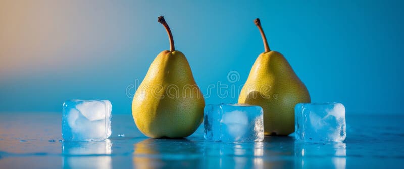 Pears and Ice Cubes on Blue Surface, a Refreshing and Cool Fruit Still ...