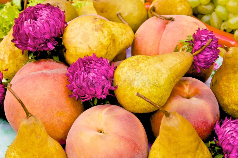 Pears, Peaches and Flowers on Table Stock Photo - Image of fruit, pear ...