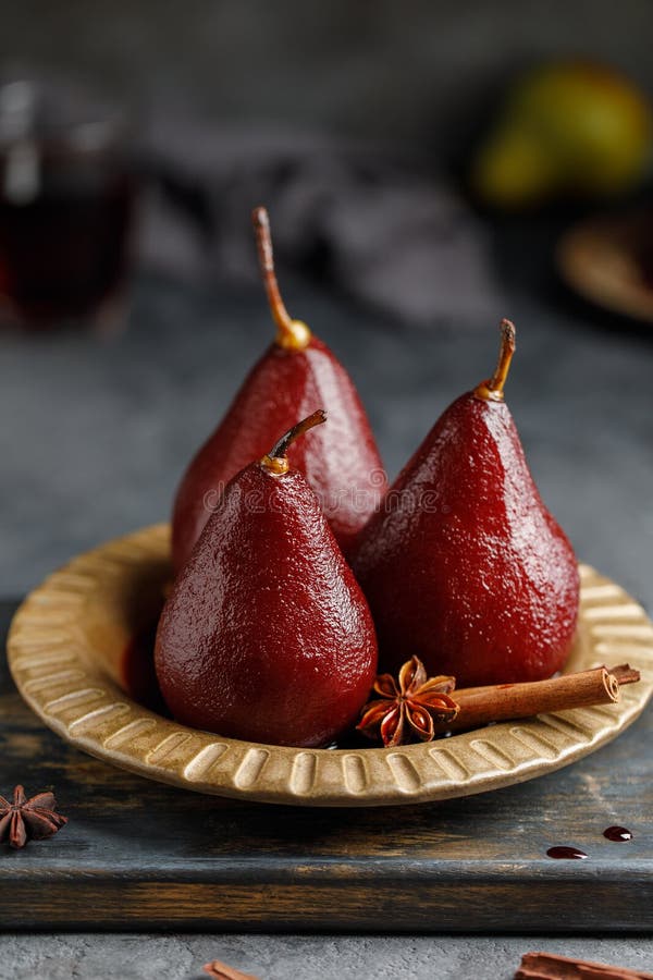 Pears in Red Wine on a Plate with Wine Syrup and Spices Stock Photo - Image of sauce, pears ...