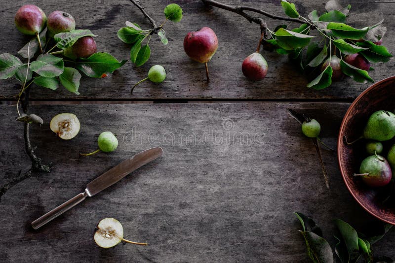 Pears on the Rustic Wooden Table Stock Image - Image of text, natural ...