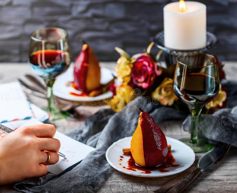 Pears in Wine. Romantic Dinner Stock Image - Image of ingredient, flame ...
