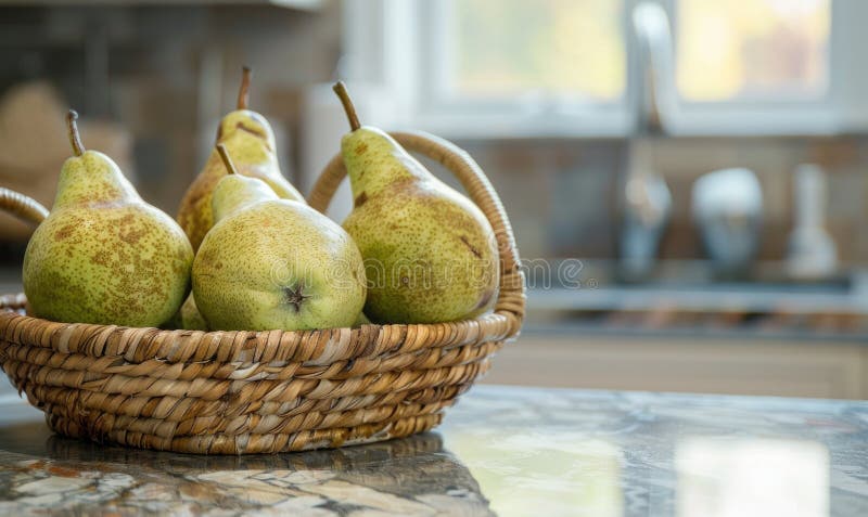 Pears in a Woven Basket on a Kitchen Counter Stock Photo - Image of ...