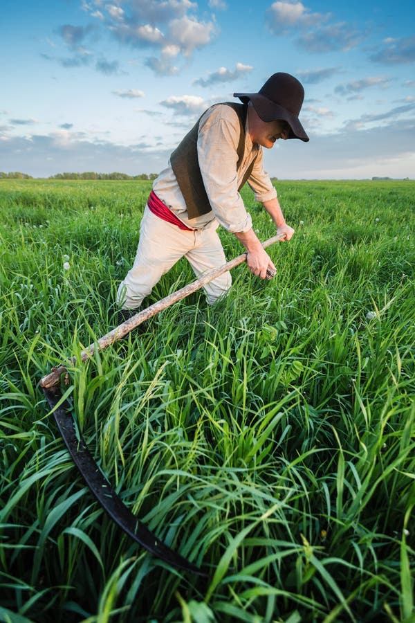 Peasant Mows Grass in the Field Stock Photo - Image of clouds, haying ...