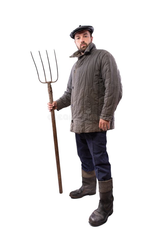 Peasant Worker, Man with Pitchfork in Hand on White Background Stock ...
