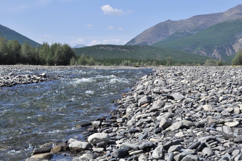Pebble Bank of a Mountain River. Stock Photo - Image of range ...