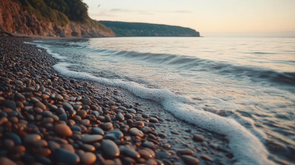 Pebble Beach with Gentle Waves at Sunset Stock Illustration ...
