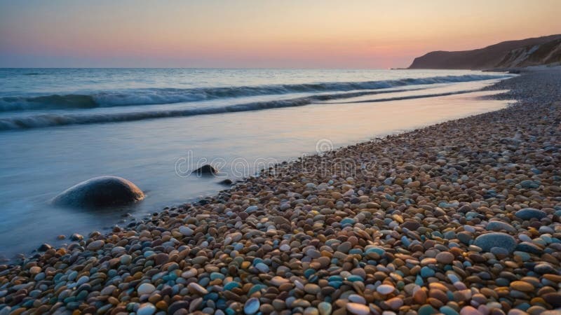 Serene Sunset Beach with Smooth Pebbles and Gentle Waves Stock ...