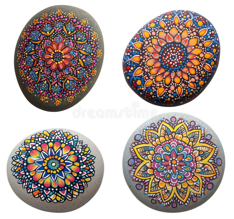 Pebble with Painted Mandala Design on White Background Stock Image ...