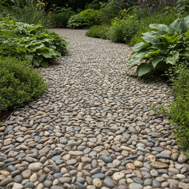 Pebble Pathway Meanders through a Lush Garden. Various Shades of Smooth ...