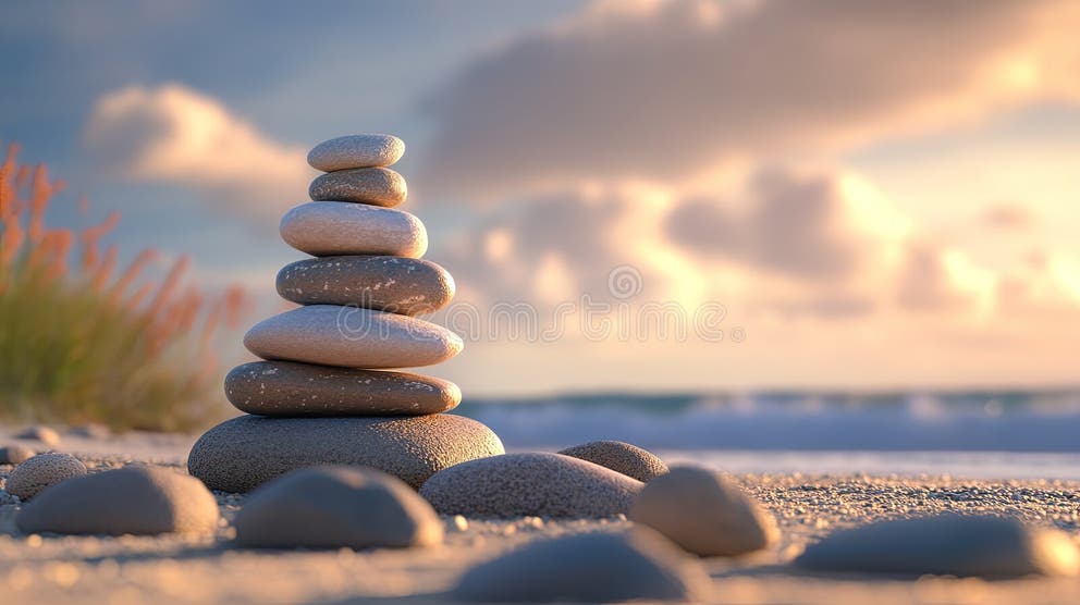 Pebble Stack on Beach with Ocean Blur. Stock Photo - Image of tower ...