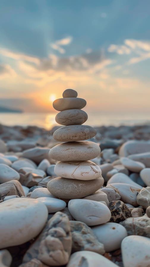 Pebble Stack on Rocky Shore at Sunset, Serene and Peaceful Nature ...