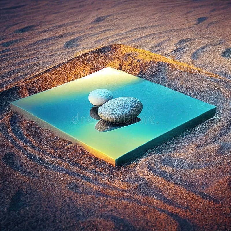 Pebble Stones Lying on Square Plate on Sand Stock Illustration ...