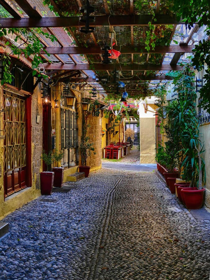 Pebbled Path Along Small Shops on Rhodes, Greece Stock Photo - Image of ...