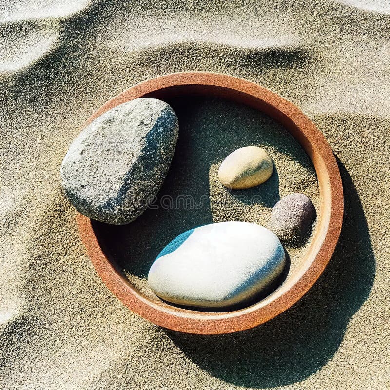 Pebbles in Bowl with Sand Under Sun Light Stock Illustration ...