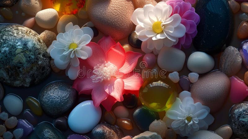 Pebbles and Flowers with Water Drops Stock Illustration - Illustration ...