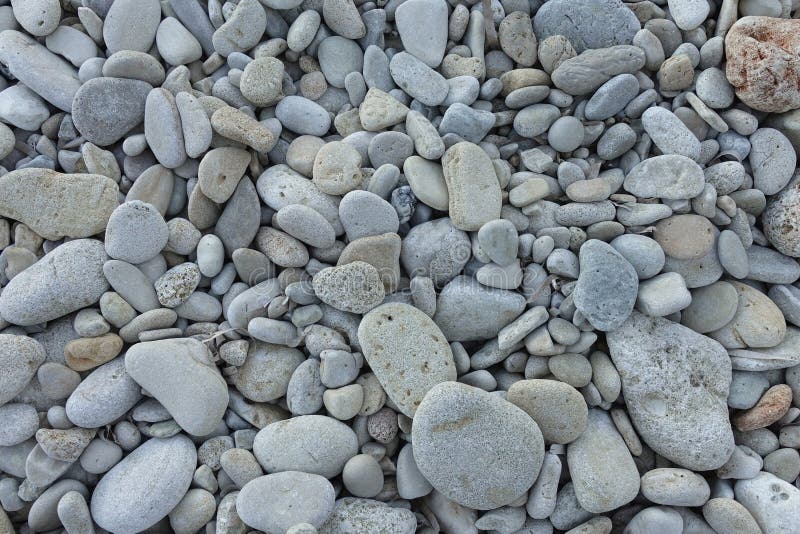 Pebbles on a Rocky Shoreline, Featuring a View of Distant Buildings in ...